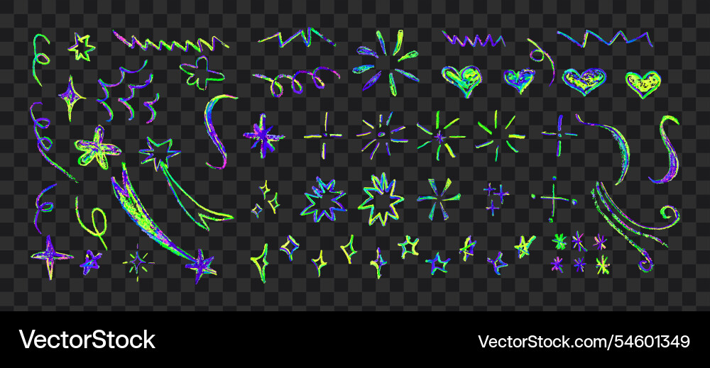 Set of colorful neon chalk drawing elements shine Vector Image