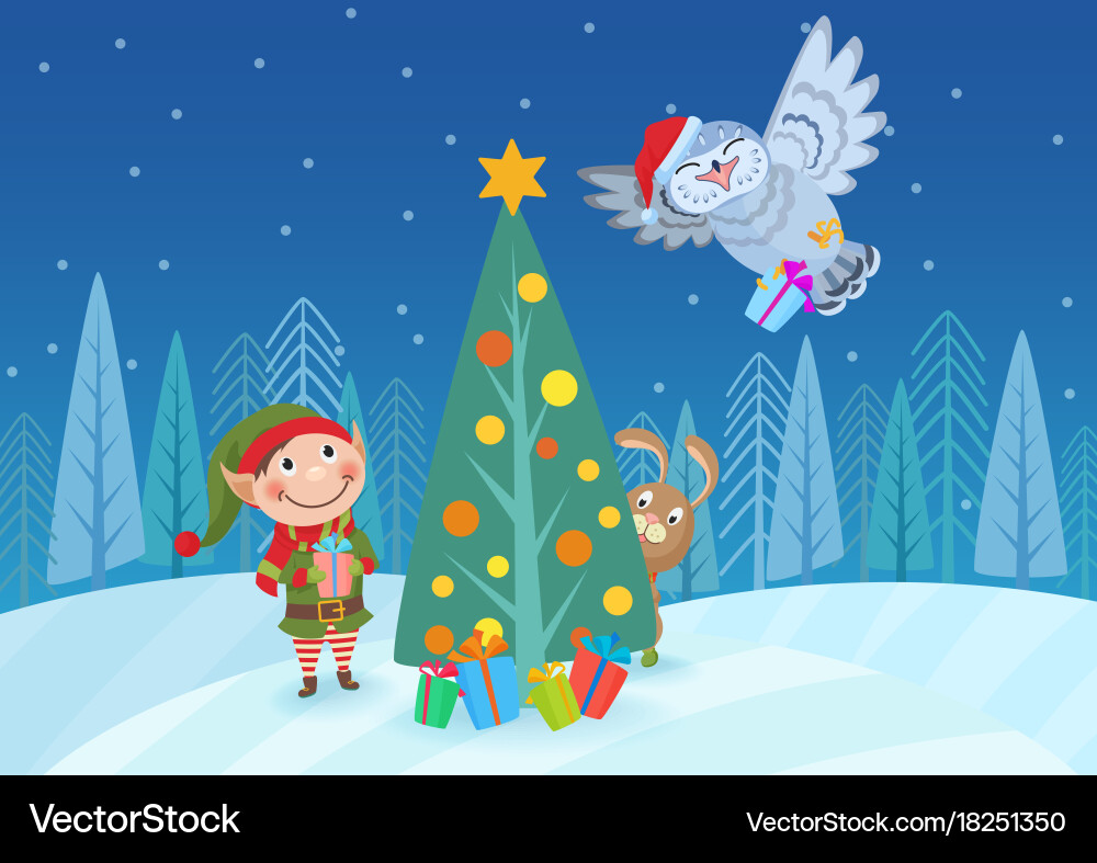 Adorable elf and animals Royalty Free Vector Image