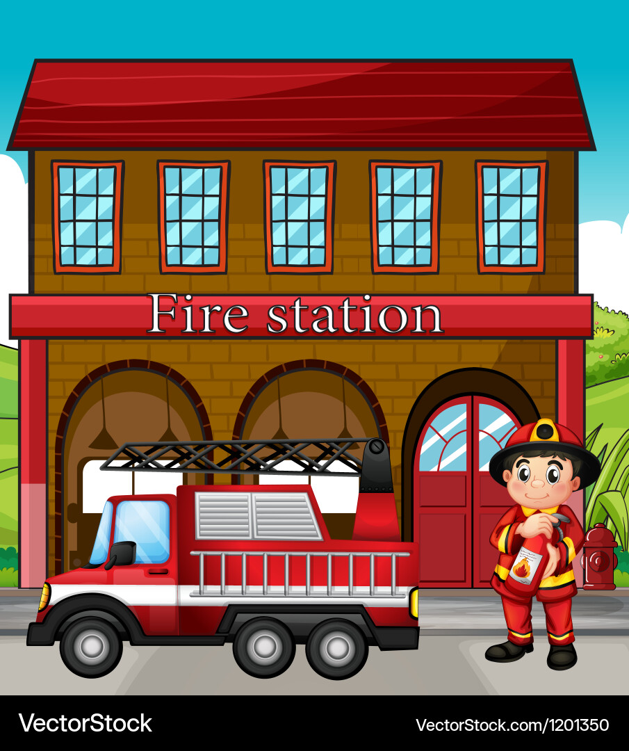 Fireman with Fire Truck Royalty Free Vector Image