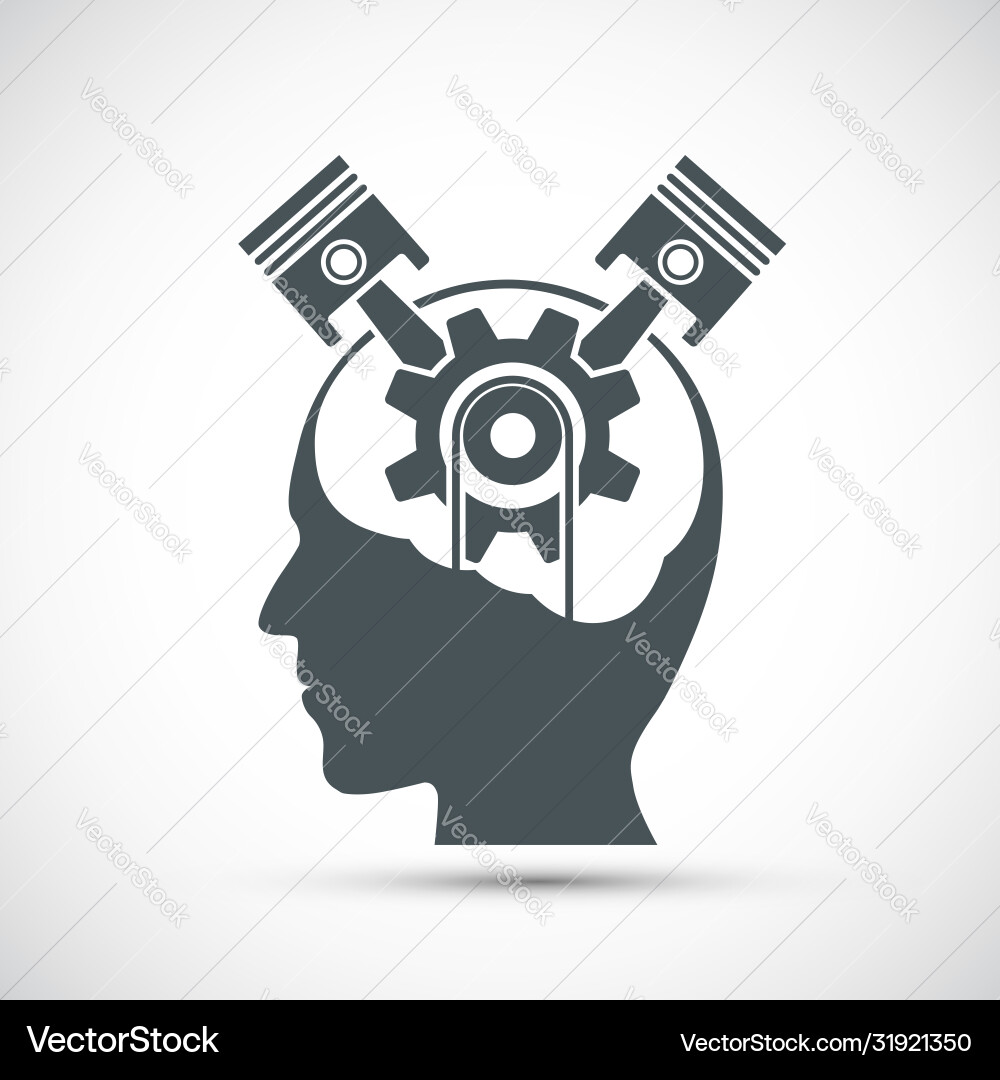 Icon human head with gear and pistons inside Vector Image