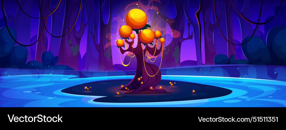 Night forest with magic fantasy neon glow tree Vector Image