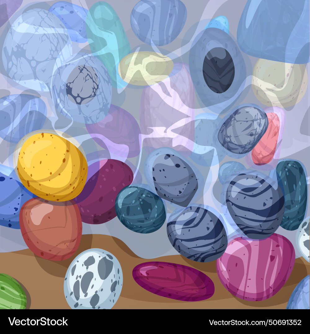 Different colorful pebbles lying on beach under Vector Image