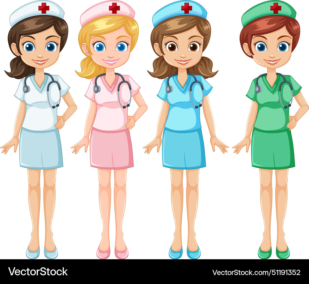 Four cartoon nurses in various colorful uniforms Vector Image