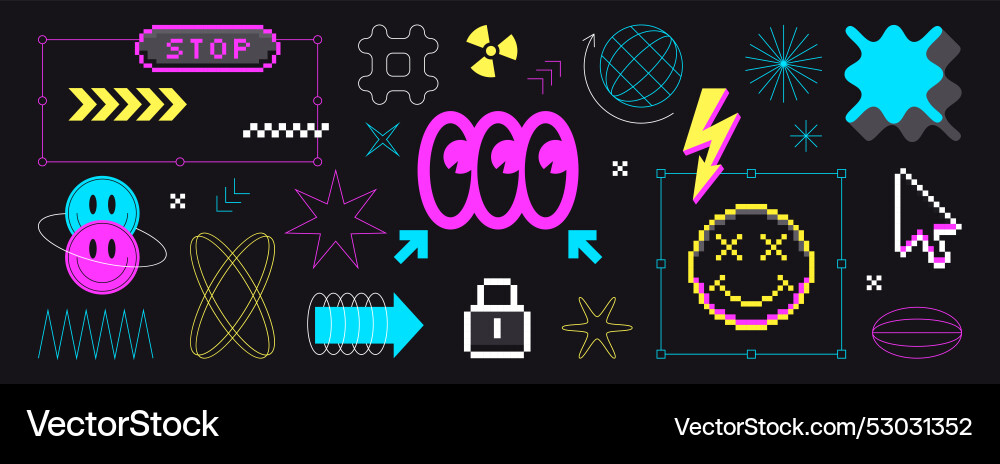 Y2k pixel art retro smiles wireframe geometric Vector Image
