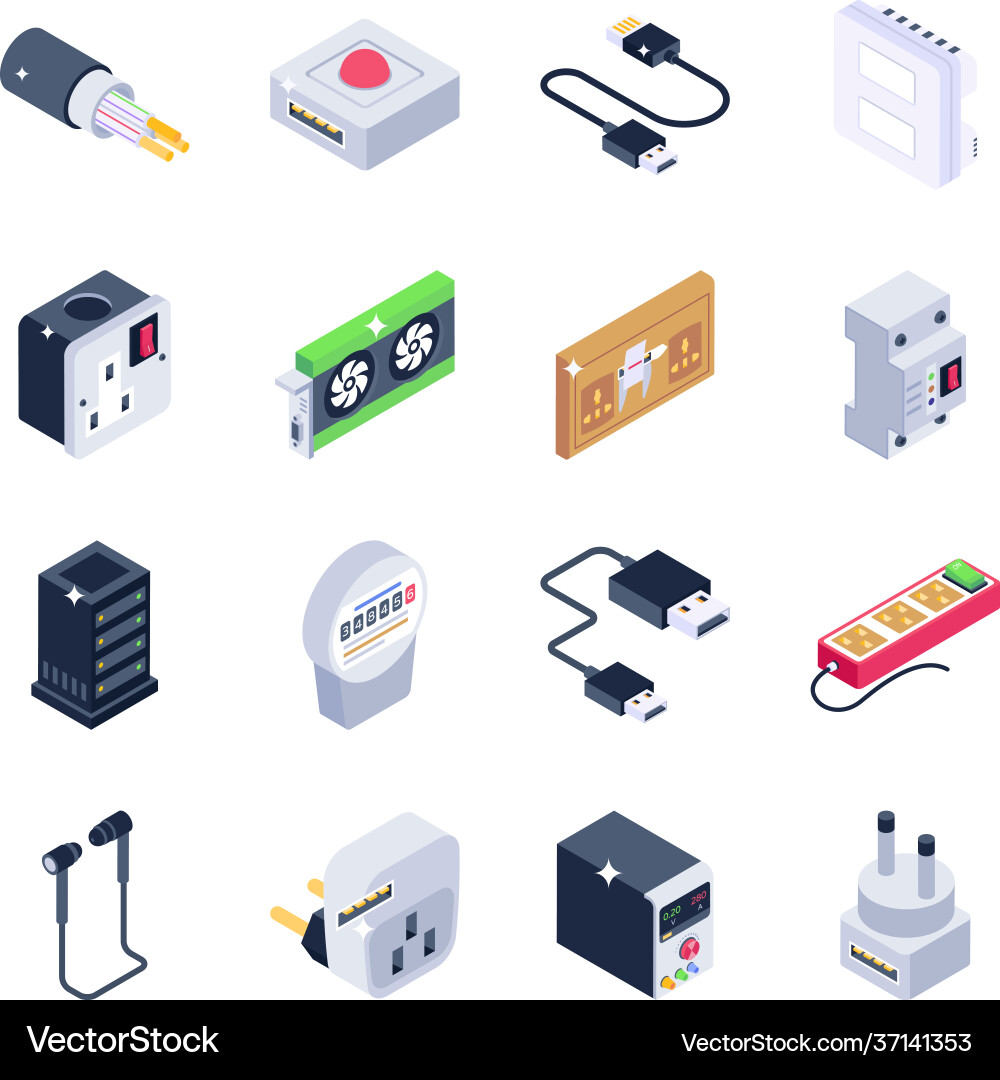 Pack electrical plugs and current isometric ico Vector Image