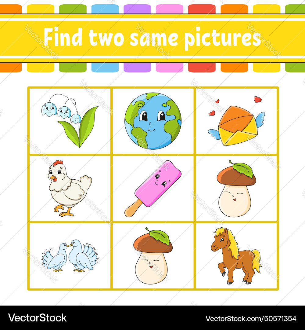 Find two same pictures task for kids education Vector Image