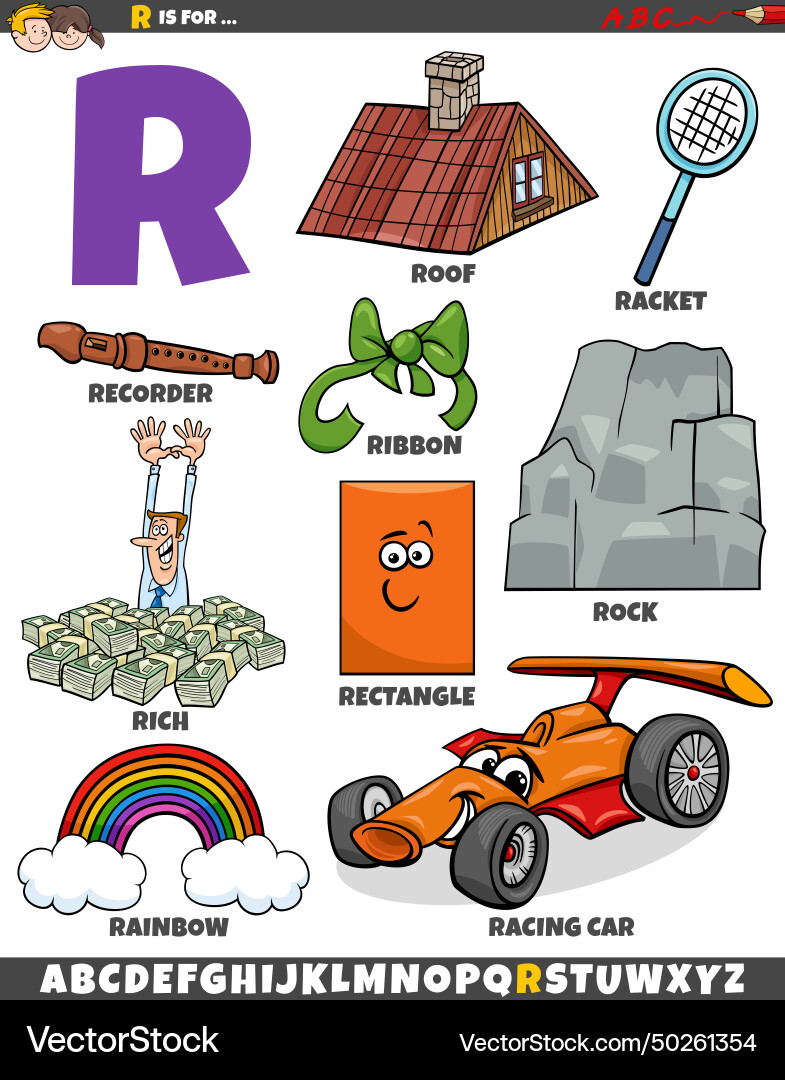 Letter r set with cartoon objects and characters Vector Image