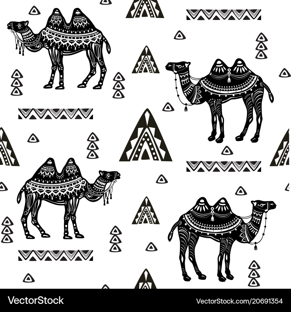 Seamless pattern with camels and ethnic motifs Vector Image
