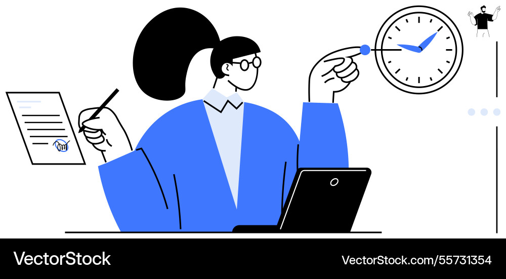 Woman managing tasks with clock laptop Royalty Free Vector