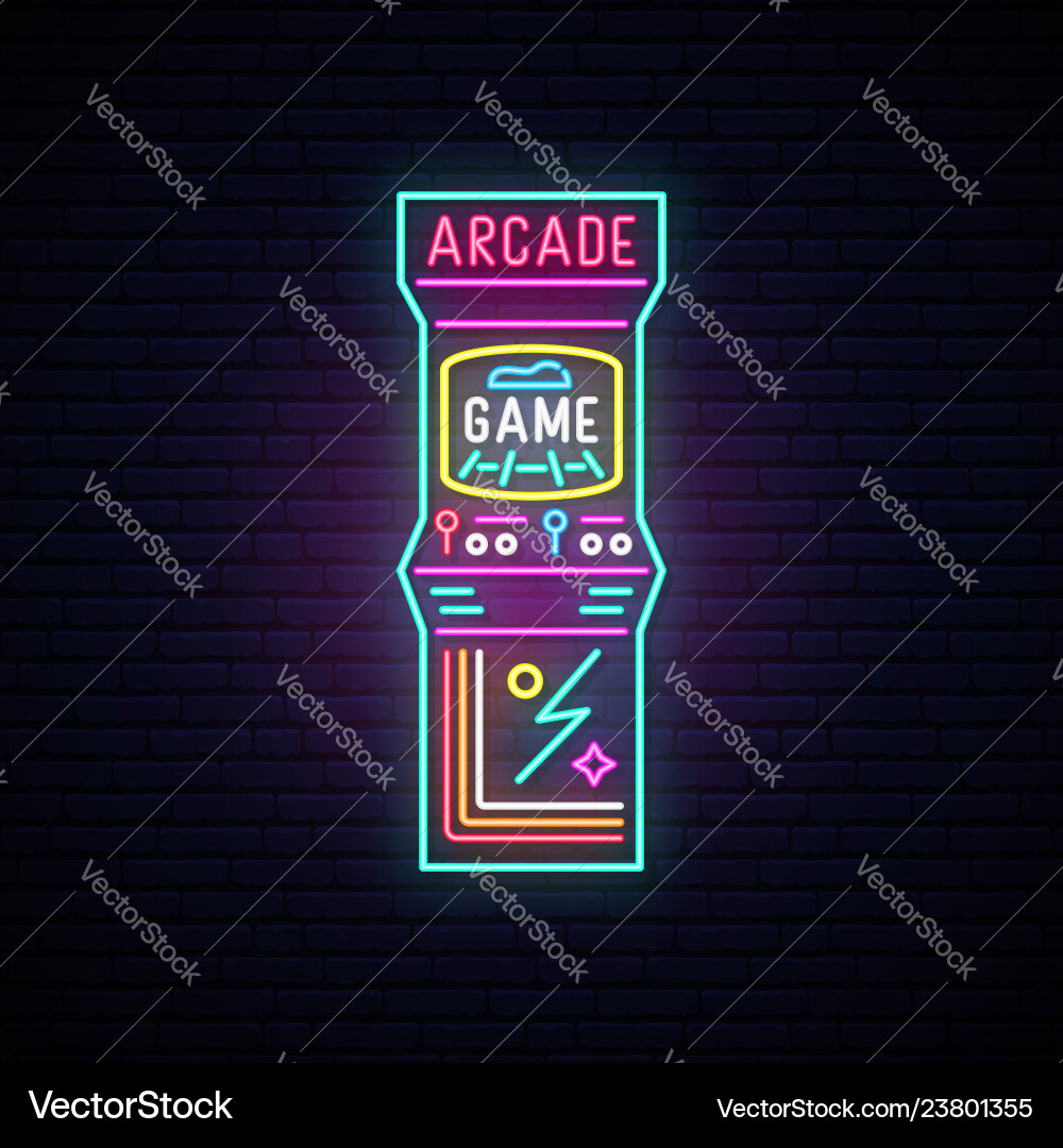 Arcade game machine neon sign entertainment Vector Image