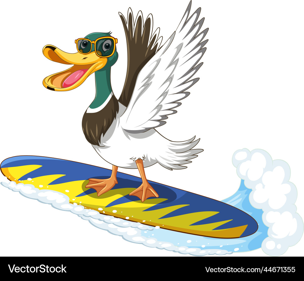 Cartoon duck surfing on wave Royalty Free Vector Image