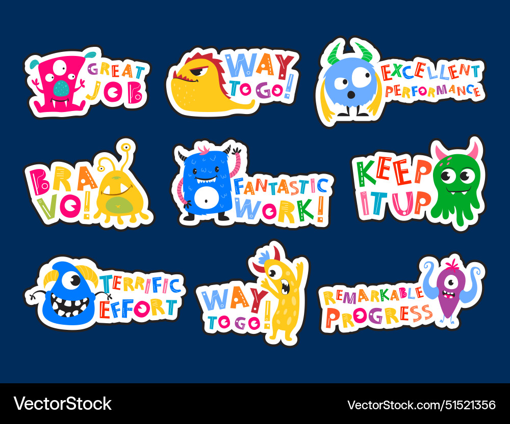 Kids motivation phrase stickers with comic monster
