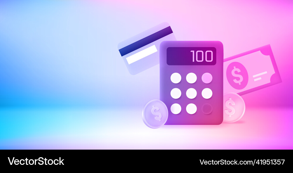 Calculator wit coins card and banknote 3d banner Vector Image