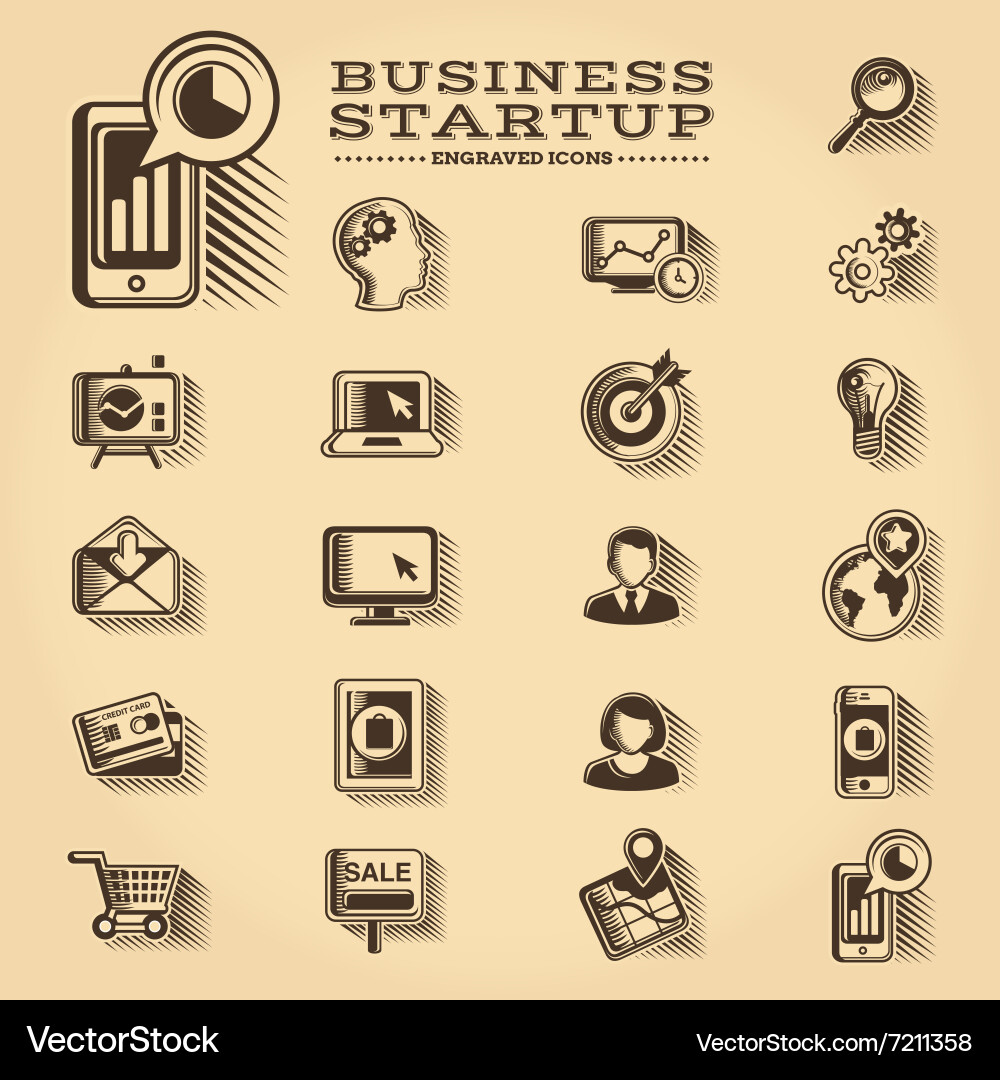Business and startup engraved icons set Royalty Free Vector