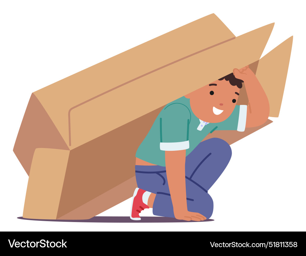Happy child playing under the large cardboard box Vector Image