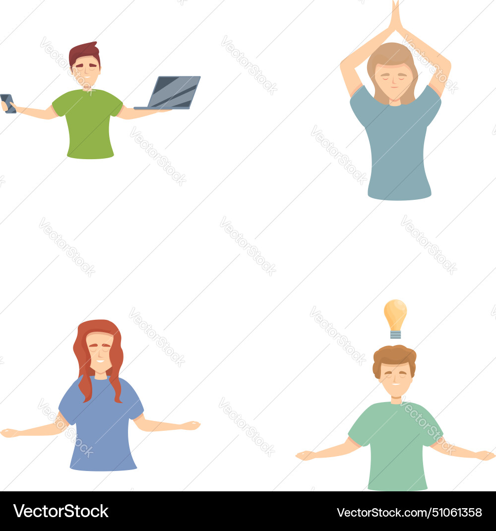 Meditation practice icons set cartoon Royalty Free Vector