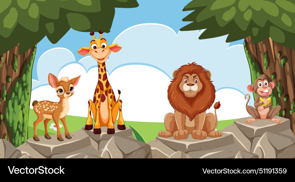 Cartoon animals in a vibrant jungle setting Vector Image
