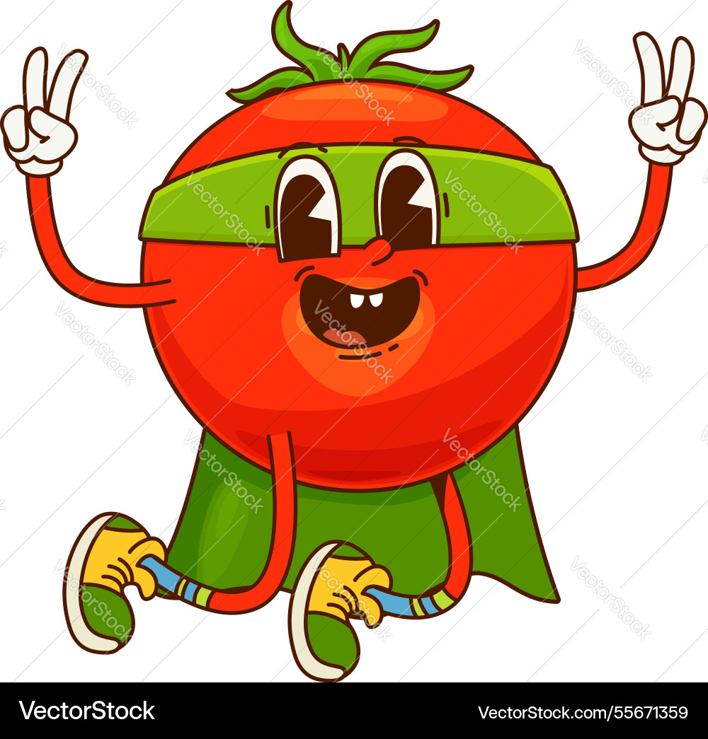 Groovy tomato vegetable superhero retro character Vector Image