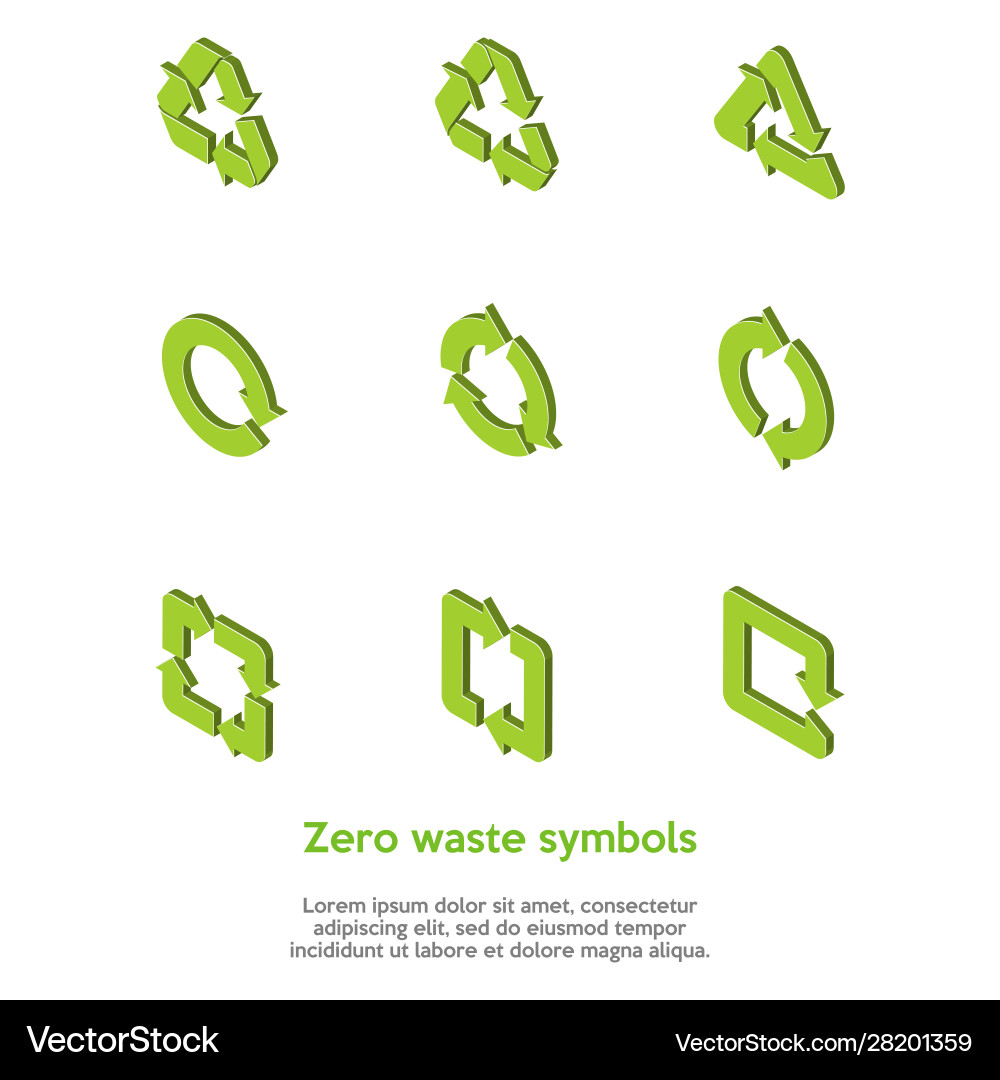 Isometric green zero waste symbols set Royalty Free Vector