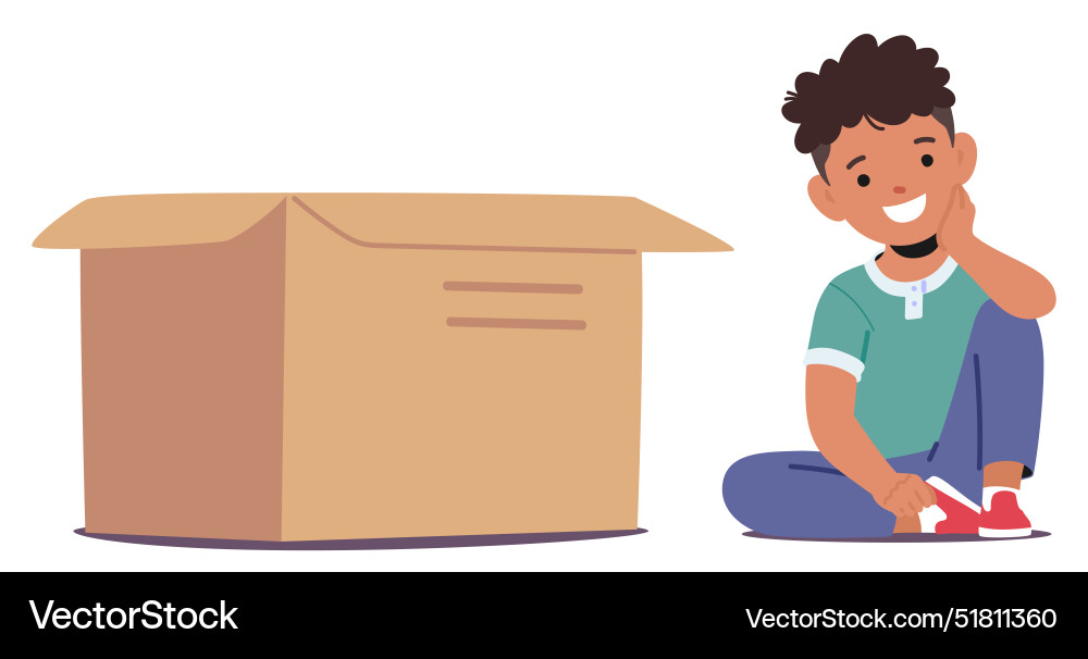 Cartoon boy sitting right to a box image Vector Image