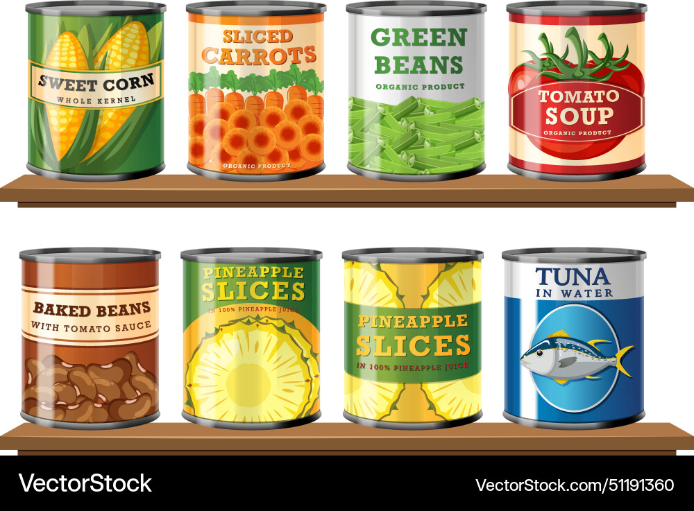 Colorful canned goods including vegetables Vector Image