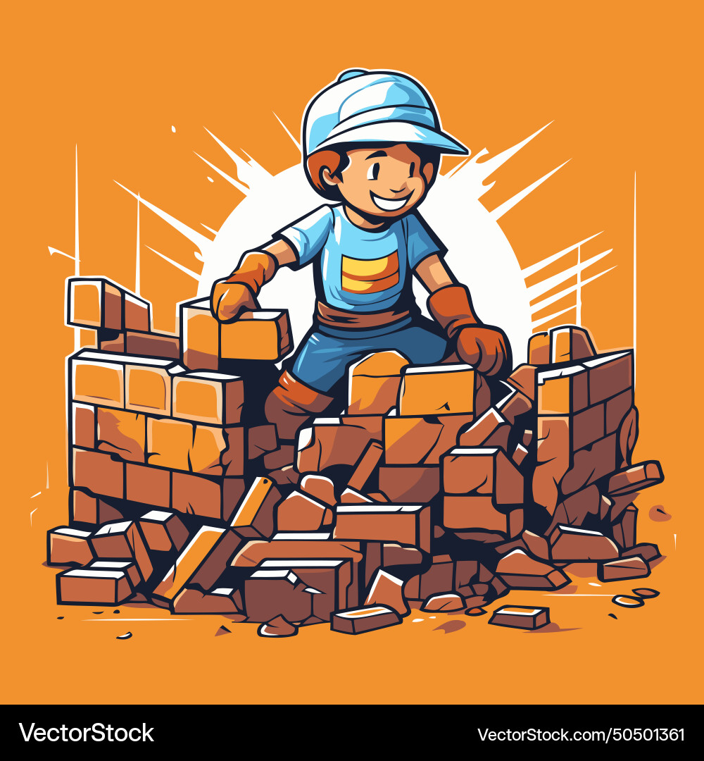 Cartoon construction worker building brick wall Vector Image