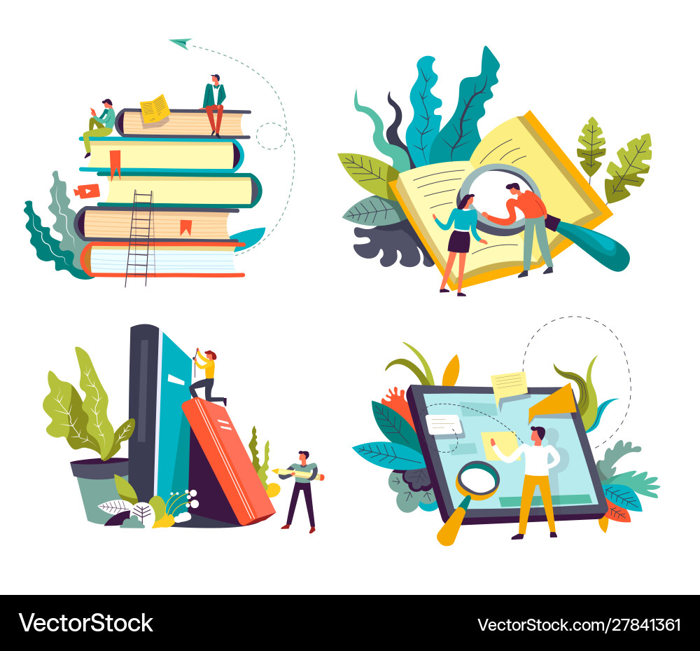 Online library service book piles and tablet Vector Image