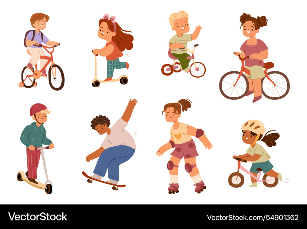 Children cycling skating and boarding Royalty Free Vector