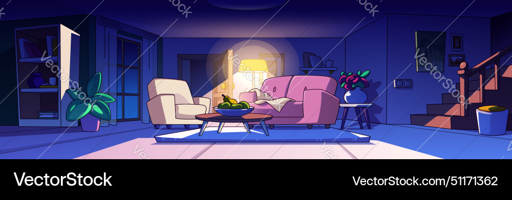Night home room interior with pink sofa cartoon Vector Image