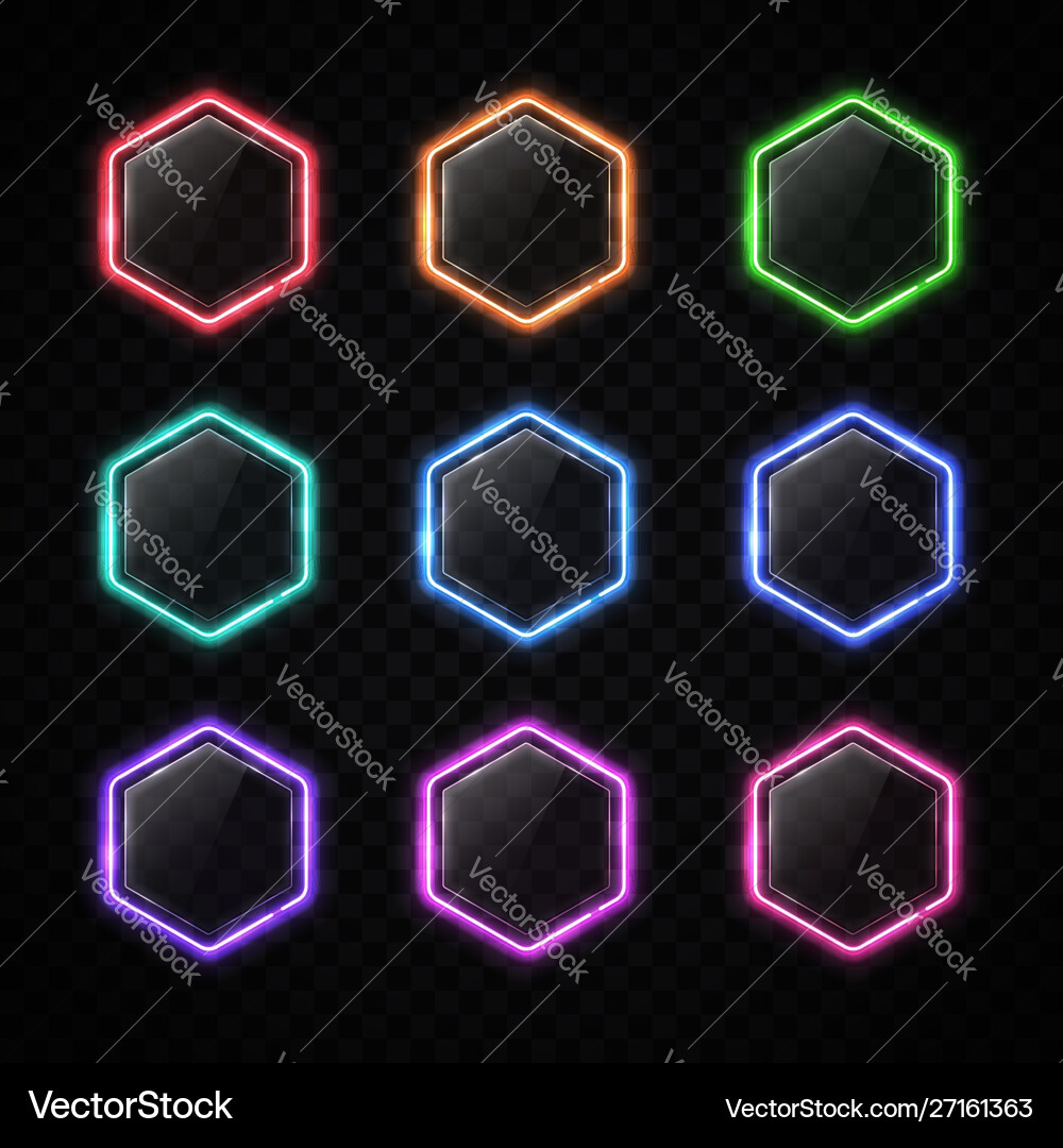 Modern neon hexagon frame set on transparent Vector Image
