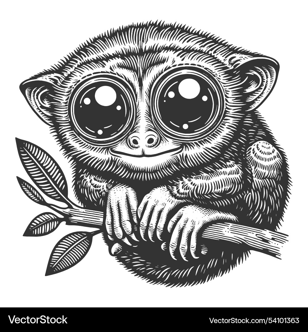 Tarsier with big eyes face engraving Royalty Free Vector