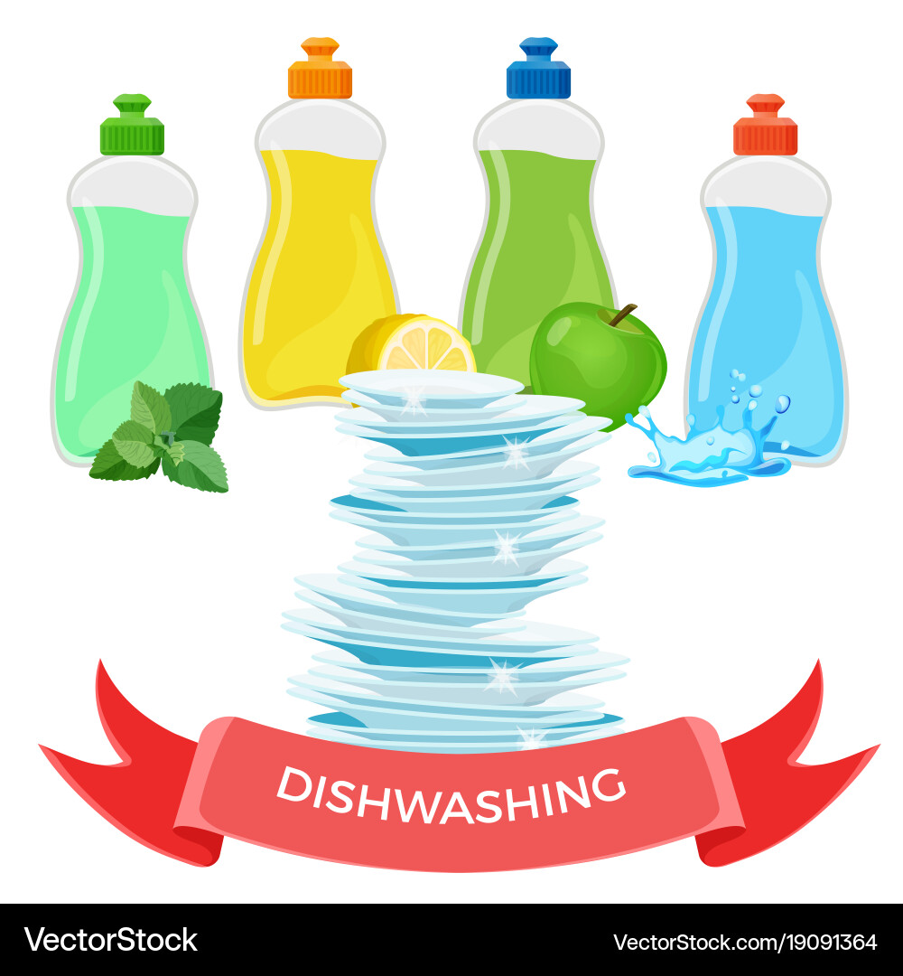 Shiny Dish Soap & Clean Dishes Royalty Free Vector Image