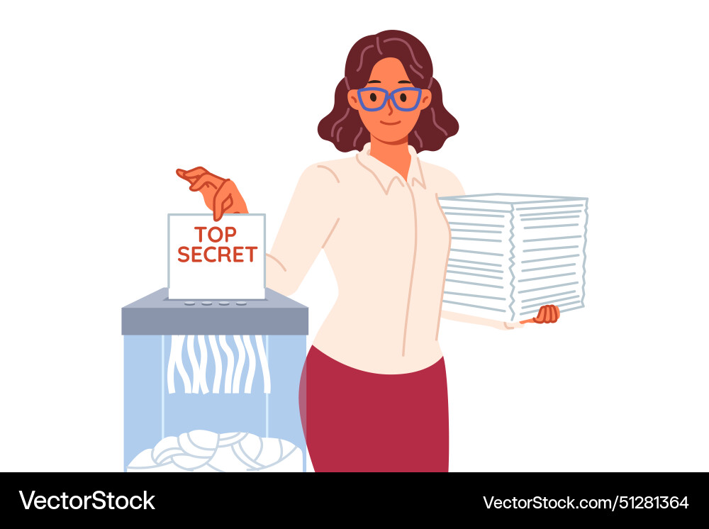 Woman shreds classified documents using shredder Vector Image