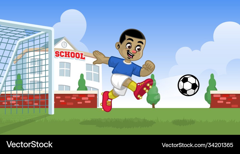 Cartoon soccer player playing on school field Vector Image