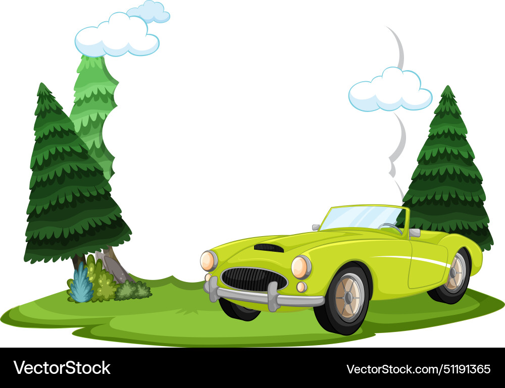 Classic yellow car near pine trees and clouds Vector Image