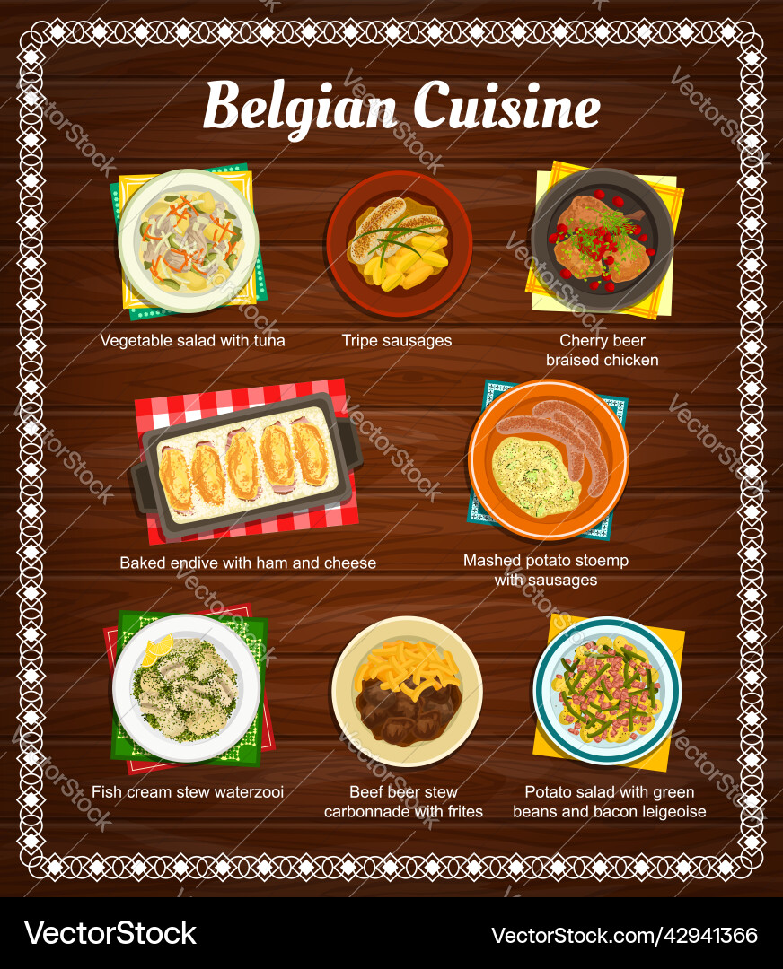 Belgian cuisine dishes menu page template Vector Image