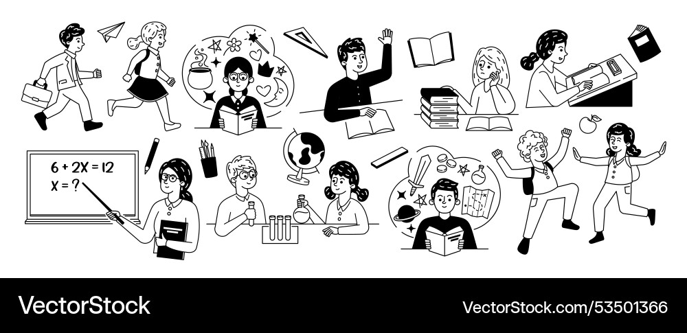 Black and white doodle art depicting students Vector Image