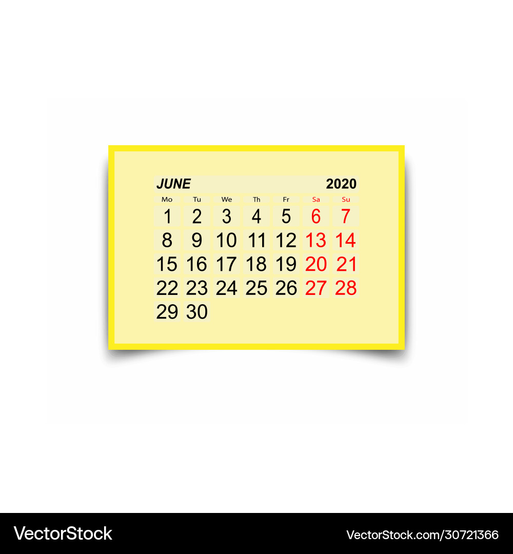 June 2020 calendar sheet two days off a week Vector Image