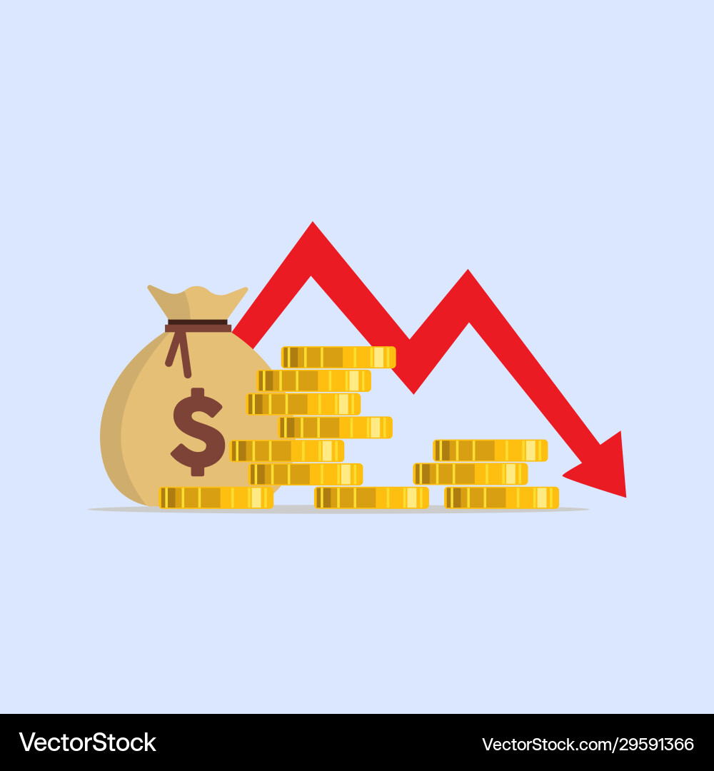 Money bag coin arrow down on white Royalty Free Vector Image