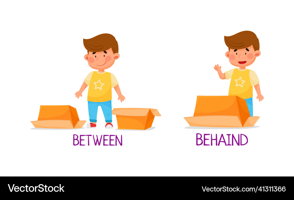 Preposition of place with boy standing between Vector Image