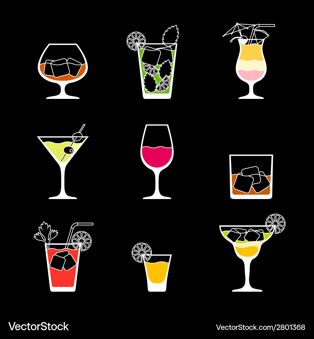 Alcohol drinks and cocktails icon set in flat Vector Image