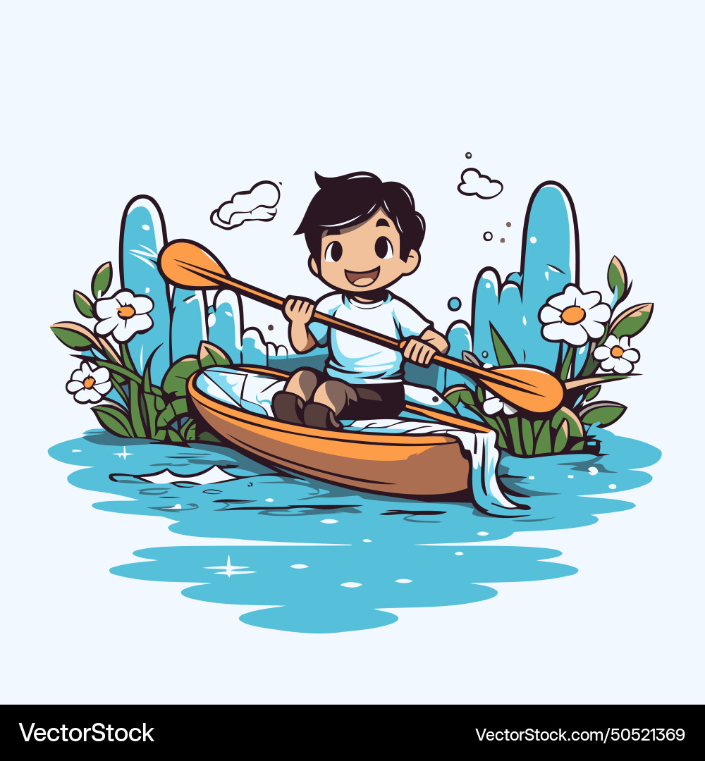 Boy rowing a boat in the river cartoon Royalty Free Vector