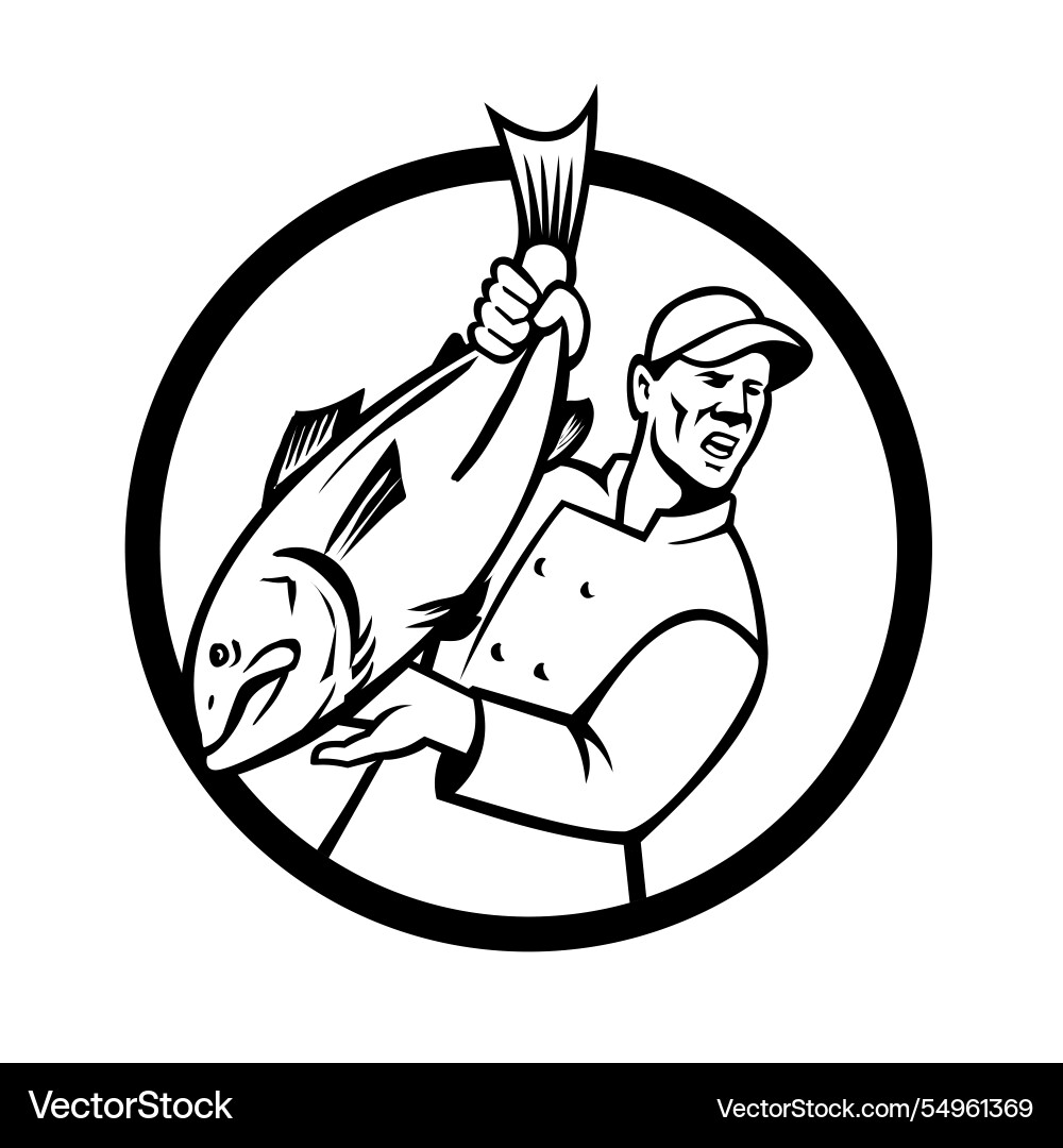 Fishmonger holding and selling fish inside circle Vector Image