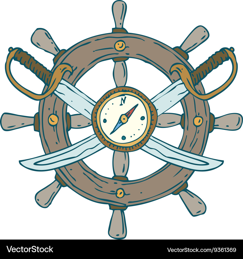 Retro Schiff Lenkrad mit Säbel und Kompass Vektorbild