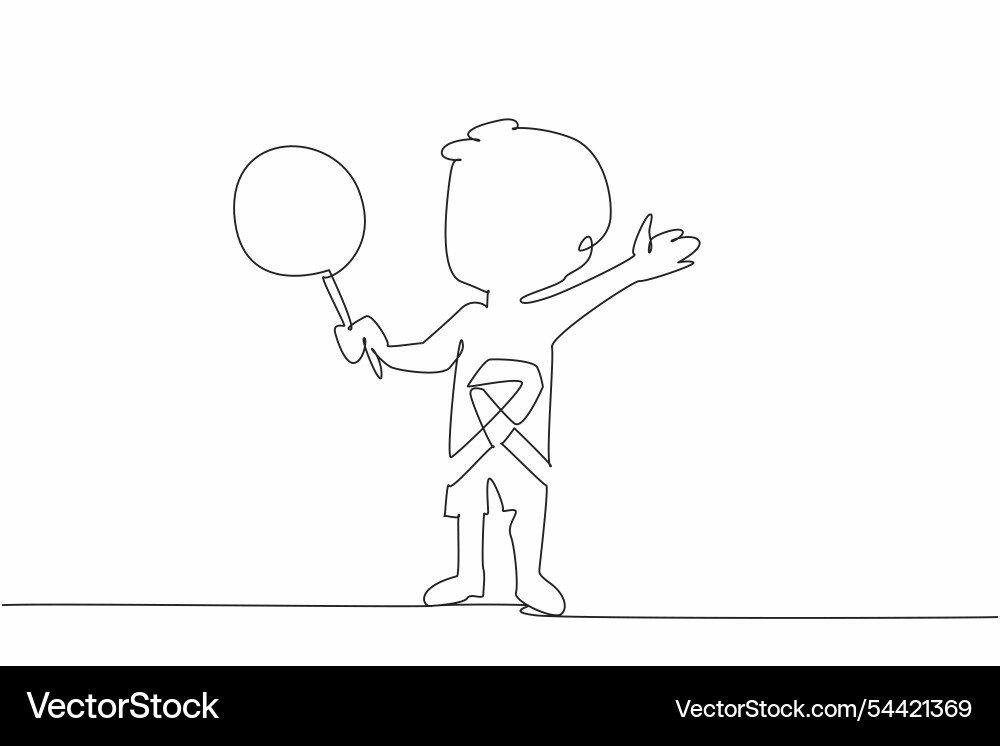 Single one line drawing a little boy holding Vector Image