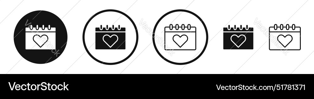Calendar heart icon set black filled and outlined Vector Image