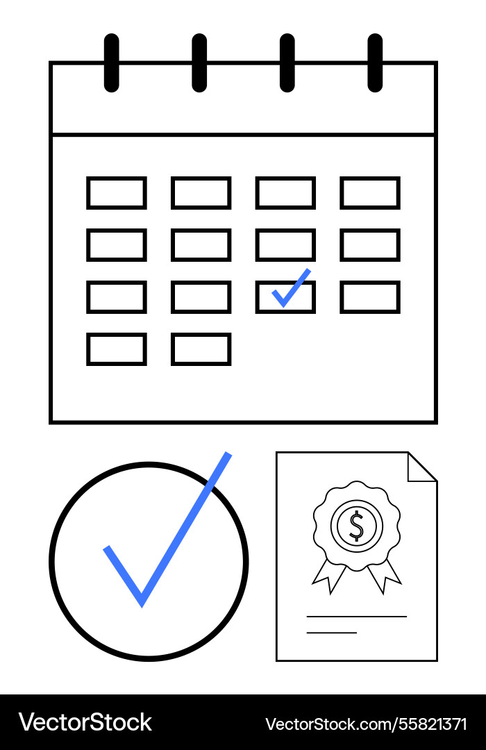 Calendar with checkmark and certificate Royalty Free Vector