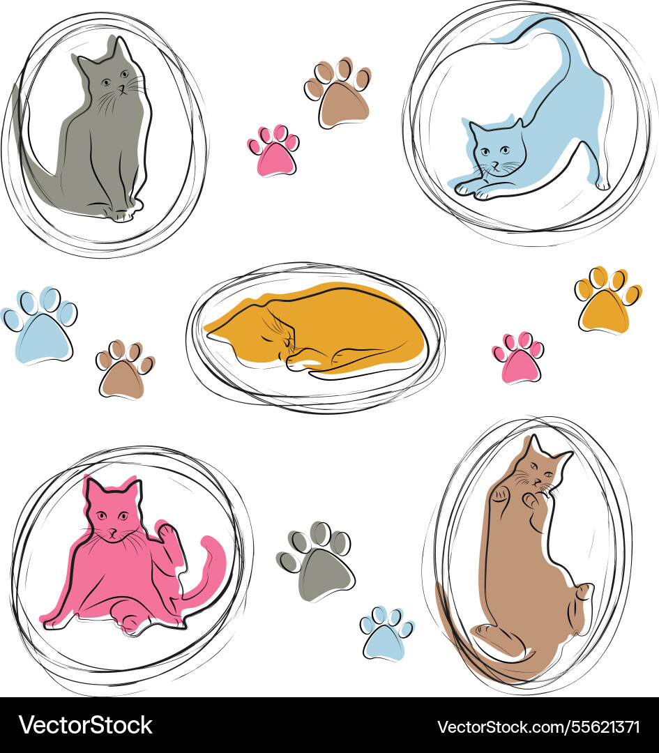 Colored cats and paws Royalty Free Vector Image