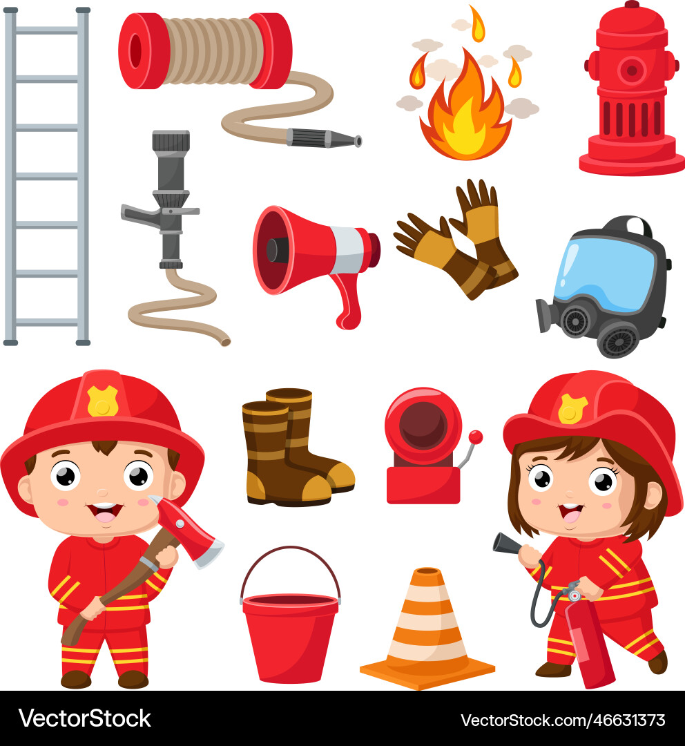 Set of firefighting elements cartoon Royalty Free Vector