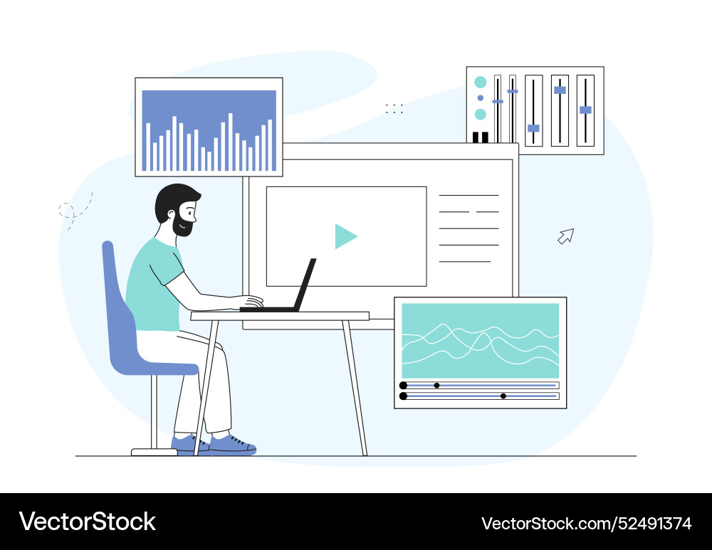 Sound engineer with laptop guy at workplace makes Vector Image